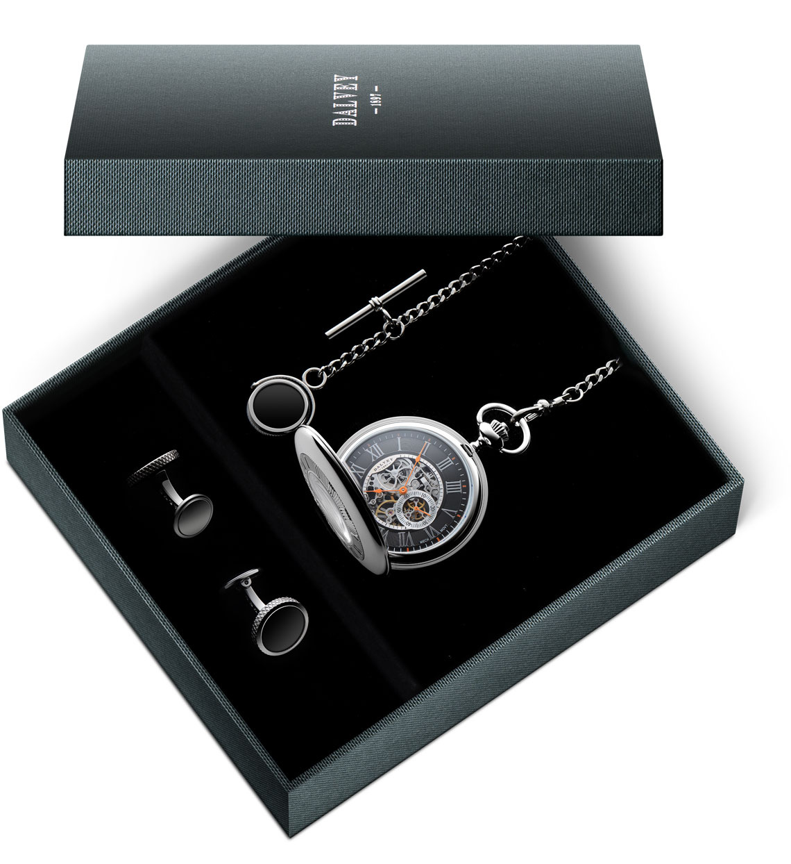 Half Hunter Skeletal Pocket Watch Gift Set - Black & Orange - Dalvey